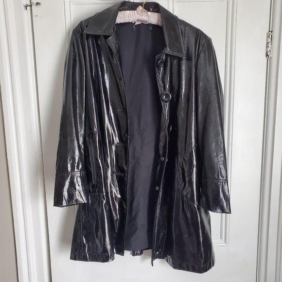 Vintage | Jackets & Coats | Vintage Tan Jay Black Patent Shiny Trench ...